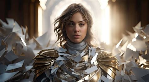 Premium Ai Image A Woman In Armor With Pieces Of Paper