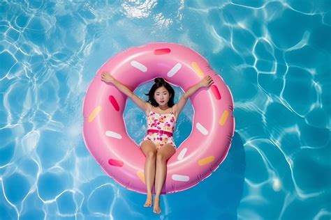 Premium Ai Image Dreamy View Young Asian Woman Embracing Summer Vibes On Pink Donut Lilo In Pool