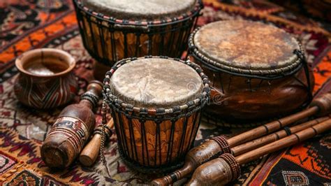 Ethnic Percussion Instruments On Colorful Textiles Stock Image Image Of Crafted Detailed