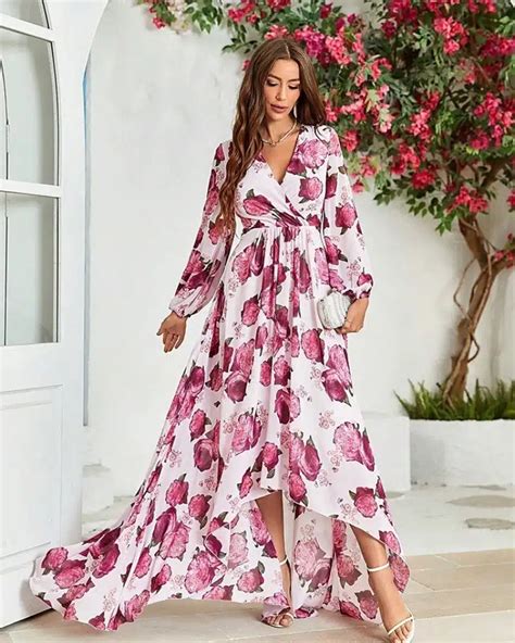 Robe Bohème à Manche Longues Avec Motifs Et Col En V Robes Bohemes