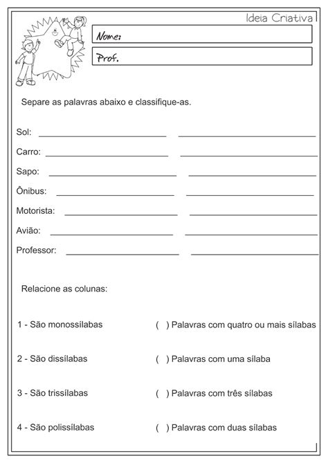 Atividades Educativas Classificação E Separação De Sílabas Língua Portuguesa Para Ensino
