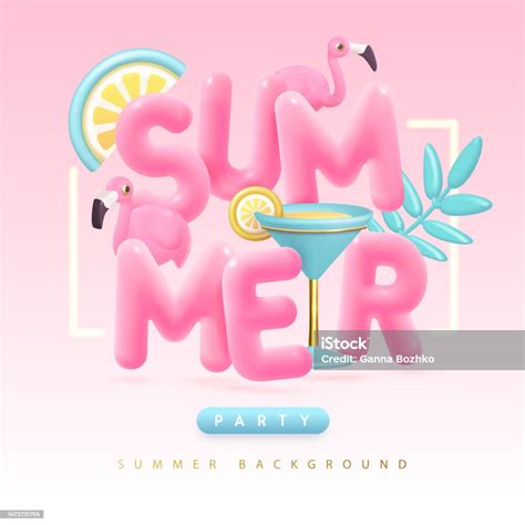 여름 칵테일 디스코 파티 타이포그래피 포스터에는 3d 플라스틱 텍스트 칵테일 열대 잎 플라밍고가 있습니다 벡터 그림 유리잔에 대한 스톡 벡터 아트 및 기타 이미지 Istock