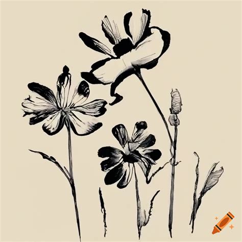 Black Ink Flowers In A Field