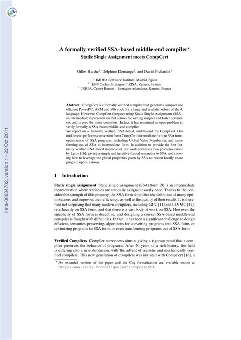 Pdf Formal Verification Of An Ssa Based Middle End For Compcert
