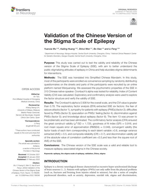 Pdf Validation Of The Chinese Version Of The Stigma Scale Of Epilepsy
