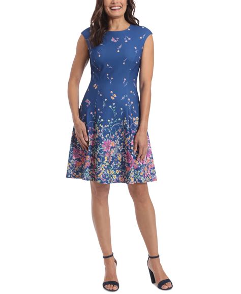 London Times Womens Scattered Floral Print Fit And Flare Dress In Navy
