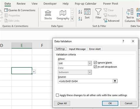 how to create an excel drop down list from another tab
