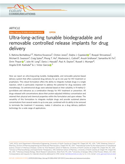 Pdf Ultra Long Acting Tunable Biodegradable And Removable Controlled Release Implants For Drug