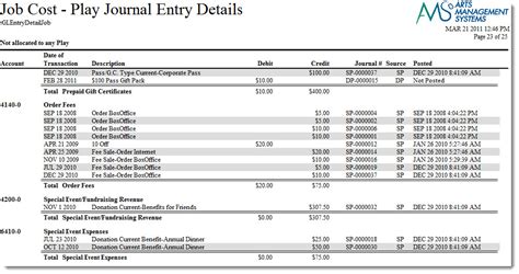 Job Cost Play Journal Entry Detail Arts Management Systems
