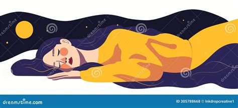 Woman Sleeping Soundly At Night Minimal Simple Flat Vector Style Stock