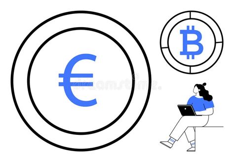 Woman With Laptop Examining Euro And Bitcoin Symbols In Large Circles