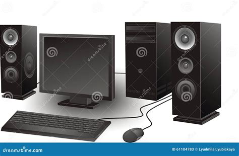 computer with loudspeakers mouse keyboard system unit stock vector