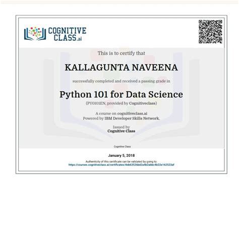 Certification On Python For Data Science Provided By Cognitive Class On 5th Jan 2018