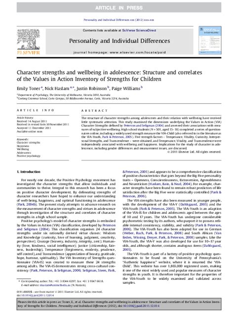 Pdf Character Strengths And Wellbeing In Adolescence Structure And Correlates Of The Values