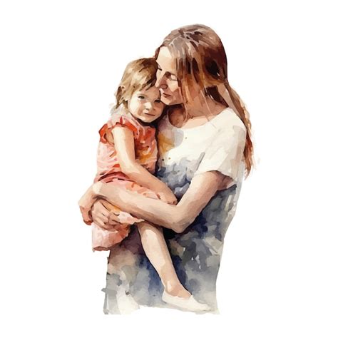 Una Pintura De Acuarela De Una Madre Y Una Hija Vector Premium
