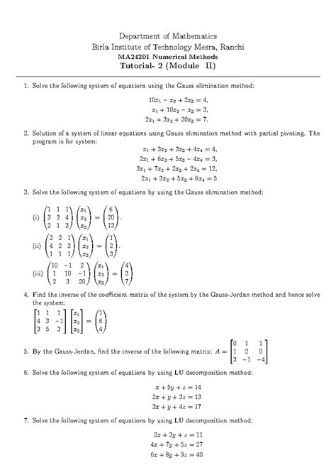 Ma24201 Numerical Methods Tutorial 2 Solving Systems Of Equations