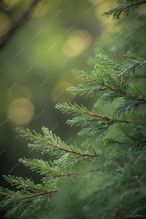 Cedar Leaves With Woodland Bokeh Premium Ai Generated Image
