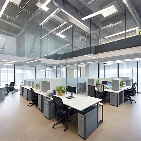 Premium Ai Image Modern Office Space With Sleek Glass Partitions Ergonomic Workstations