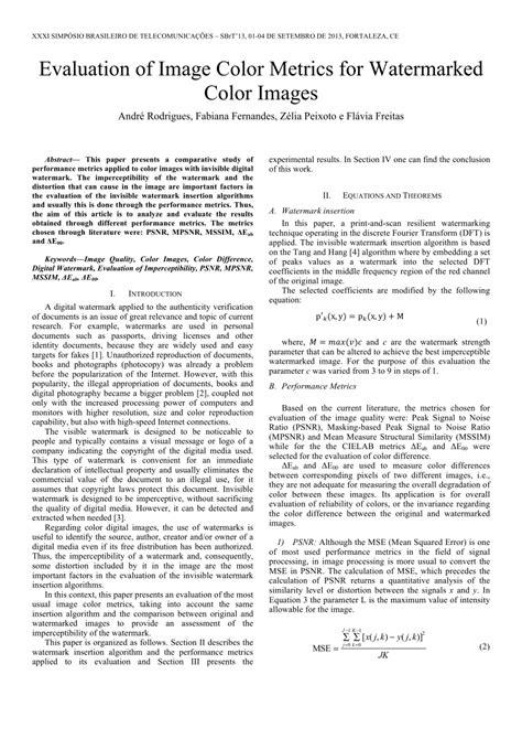 Pdf Evaluation Of Image Color Metrics For Watermarked Color Images