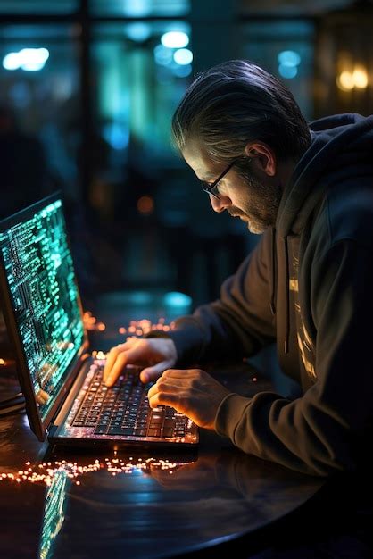 Un Hombre Está Programando En Una Computadora Foto Premium