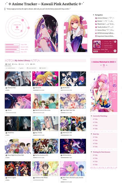Anime Tracker Notion Template Kawaii Pink Aesthetic Notion Template Anime Media Tracker