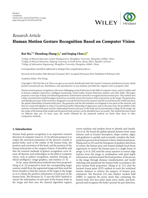 pdf human motion gesture recognition based on computer vision