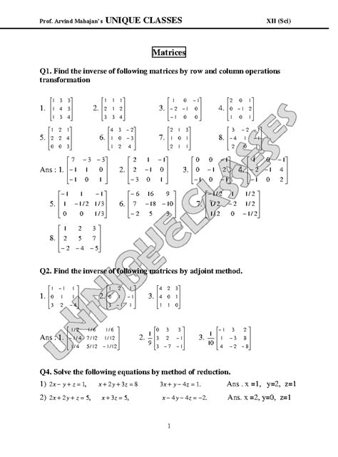 Matrices HW Prof Arvind Mahajans UNIQUE CLASSES XII Sci Matrices Q Find The Inverse Of