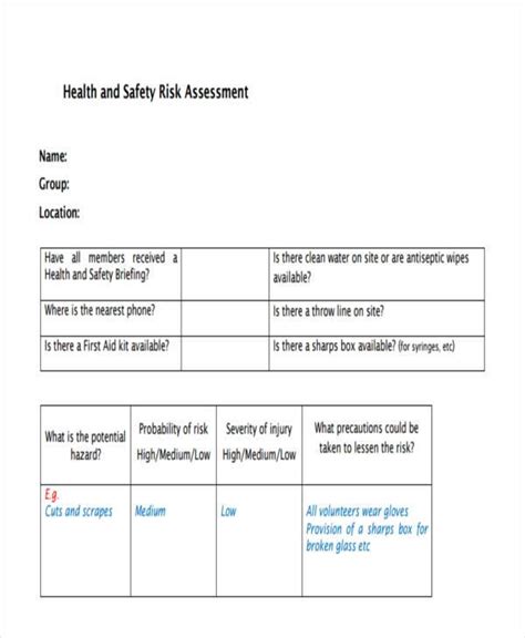 Free 7 Sample Health And Safety Risk Assessment Forms In Pdf Ms Word