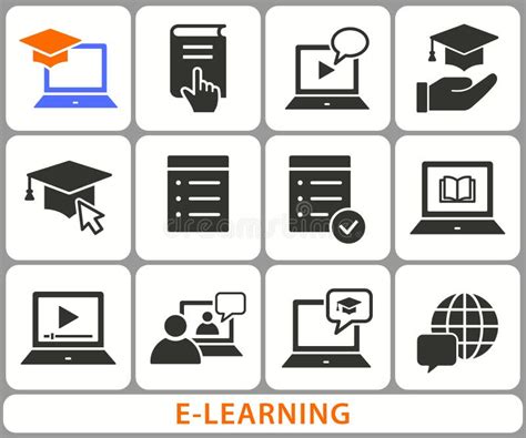 E Learning Distance Education Icons Set Of Graduation Cap Training Laptop Learn Online