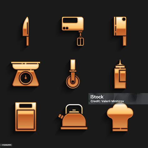 피자 나이프 손잡이가 있는 주전자 셰프 모자 소스 병 도마 저울 고기 다지기 및 나이프 아이콘을 설정합니다 벡터 건강한 생활방식에 대한 스톡 벡터 아트 및 기타 이미지