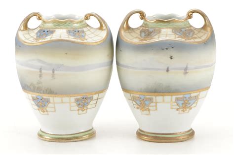 Pair Of Morimura Bros Hand Painted Nippon Porcelain Vases Ebth