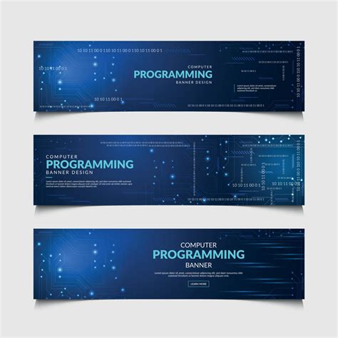 Computer Programming Horizontal Banner Technology Background Design Set Of Banners With Blue