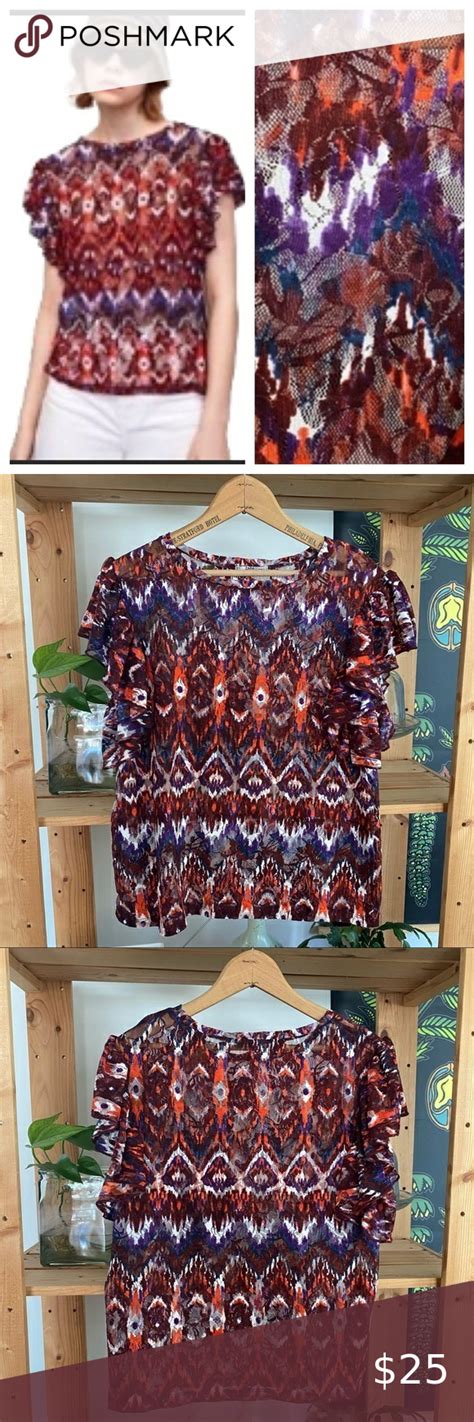 Zara Purple Orange Ikat Print Semi Sheer Flutter Sleeve Lace Shirt