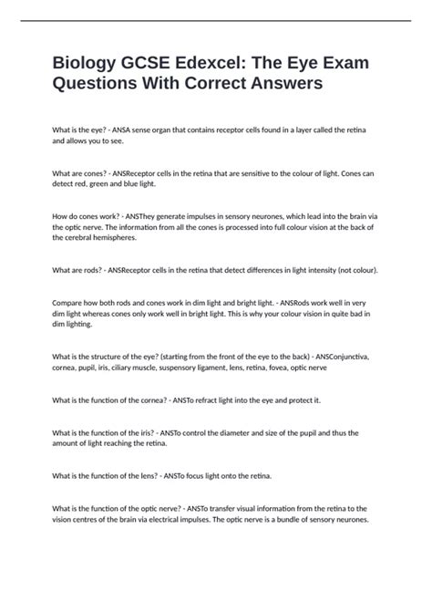 Biology Gcse Edexcel The Eye Exam Questions With Correct Answers Biology Gcse Edexcel Stuvia Us