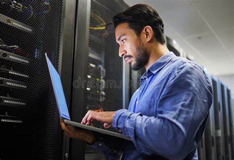 Laptop Maintenance Or Serious It Woman In Server Room For Research Engineer In Data Center