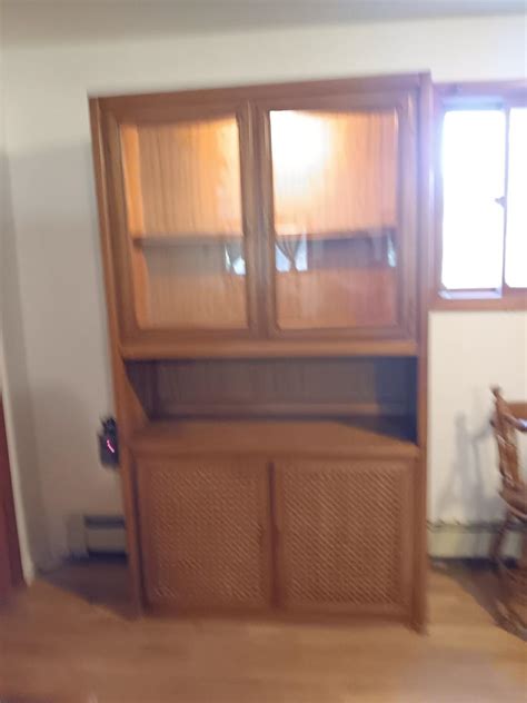 Vintage 1970s Wicker Woven Front Cabinet China Hutch