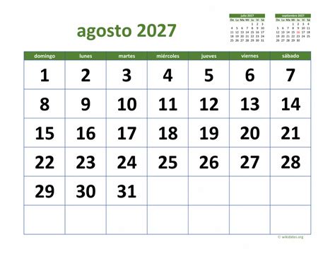Calendario Agosto 2027 De México