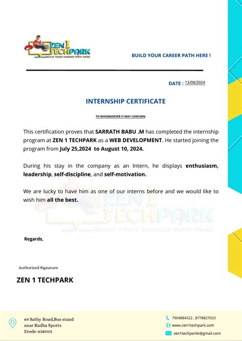 Completed A 15 Day Offline Internship At Zen1 Tech Park Sarrathbabu