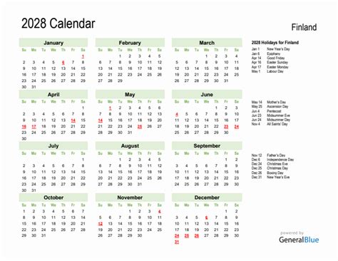 Holiday Calendar 2028 For Finland