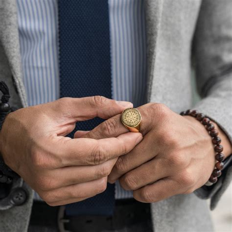 Gold Tone Surgical Steel Compass Signet Ring In Stock Lucleon