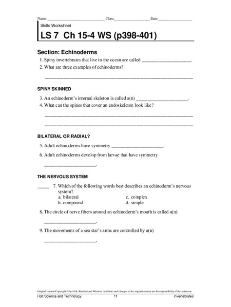 Fillable Online Echinoderms Worksheetpdf Echinoderms Name Date Fax