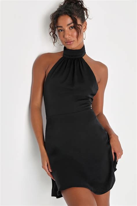 Black Mini Dress Satin Mini Dress Halter Cocktail Dress Lulus
