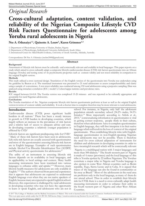 Pdf Cross Cultural Adaptation Content Validation And Reliability Of The Nigerian Composite