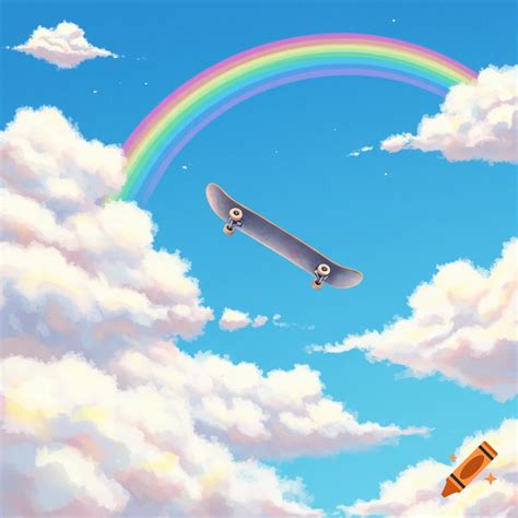 A Skateboard Flies Through A Cloudy Sky With A Rainbow On Craiyon