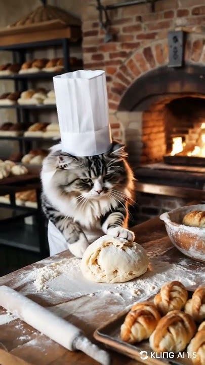 A Fluffy Persian Cat Wearing A White Chefs Hat Is In A Cozy Bakery