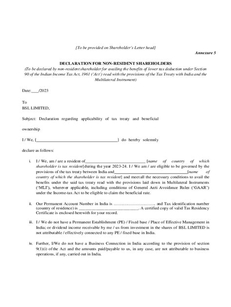 Fillable Online Annexure 5 Declaration For Non Resident Shareholder Fax Email Print Pdffiller