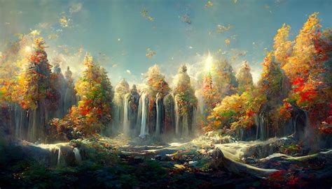 Fantasy Autumn Waterfalls Scenery At Sunny Day Neural Network Generated
