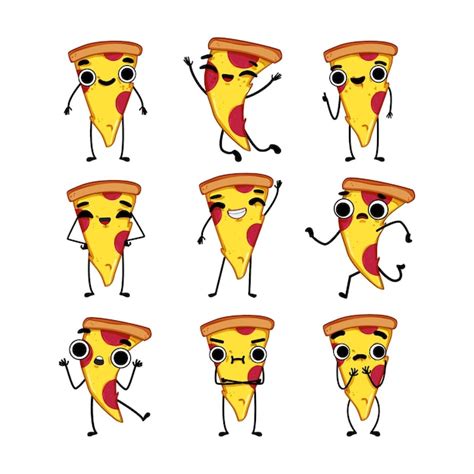 피자 슬라이스 캐릭터 세트 만화 터 일러스트레이션 프리미엄 벡터