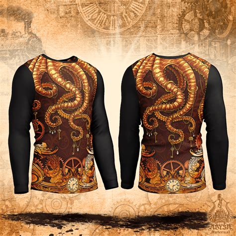 Steampunk Rash Guard Bronze Tentacles Long Sleeve Surf Shirt Octopus
