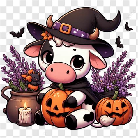 Adorable Vaca Fantasma Con Sombrero De Bruja Personaje De Halloween